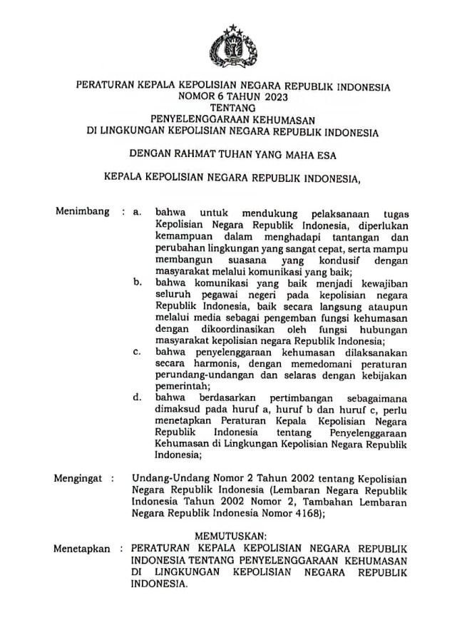 PERKAP NO 6 TAHUN 2023 - Tribratanews Resta Mesuji